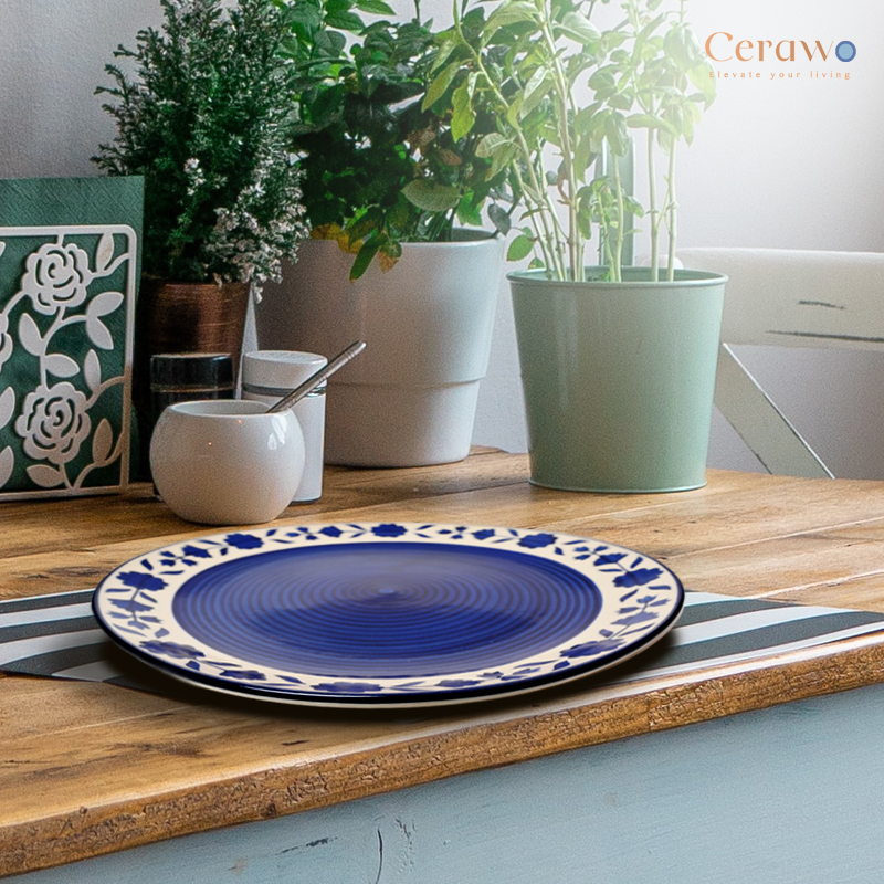 Hand Painted Floral Rim Blue and White Ceramic Dinner Plate I Set of 4 ...