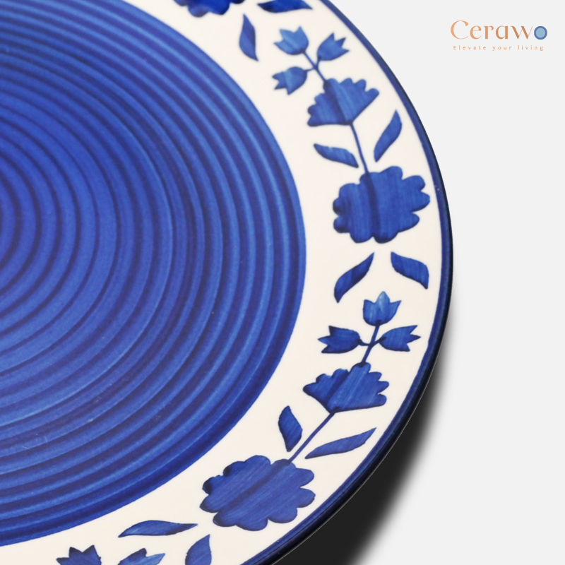 Hand Painted Floral Rim Blue and White Ceramic Dinner Plate I Set of 4 ...