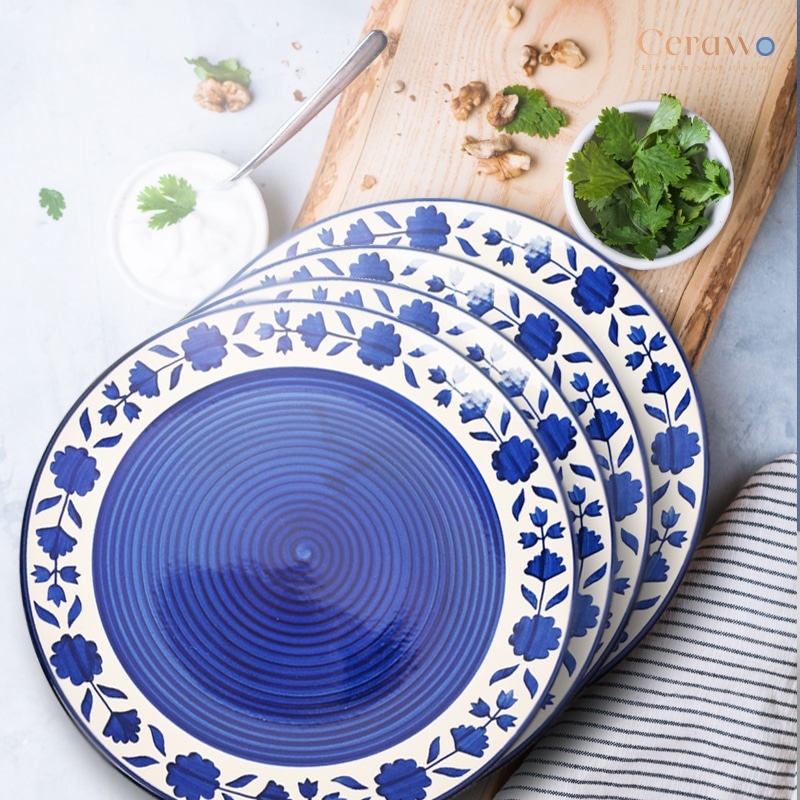 Hand Painted Floral Rim Blue and White Ceramic Dinner Plate I Set of 4 ...