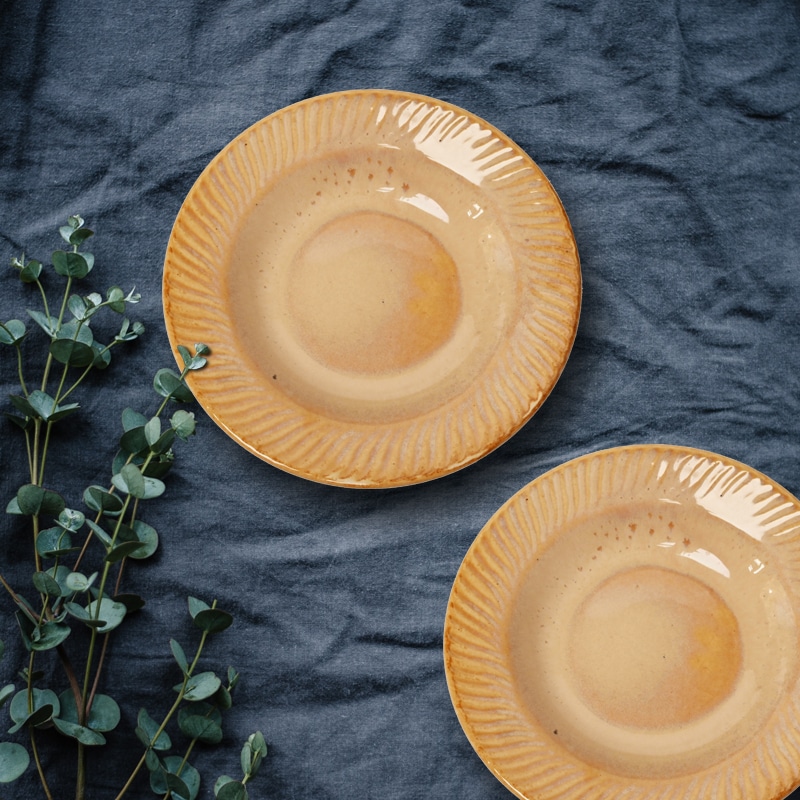 Ribbed Earthy Ochre Ceramic Pasta Serving Dish I Set of 4 » Cerawo