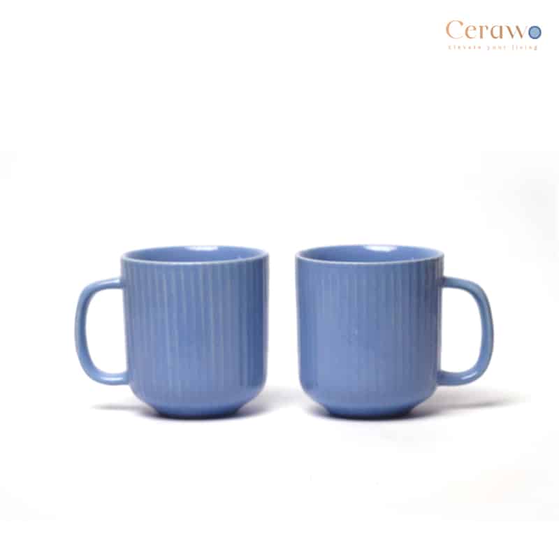 Ribbed Dual Tone Baby Blue Ceramic Tea & Coffee Mugs with Tray » Cerawo